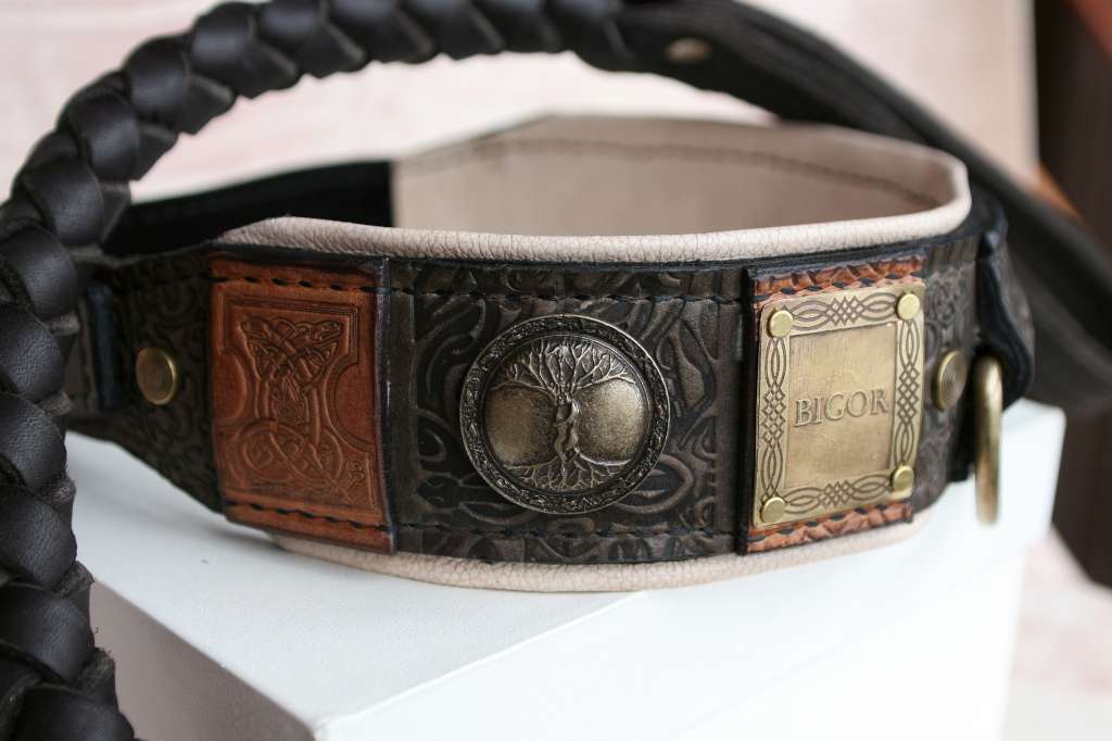 IMPERIAL Leather Dog Collar With Antique Nameplates Harakhan Kennel